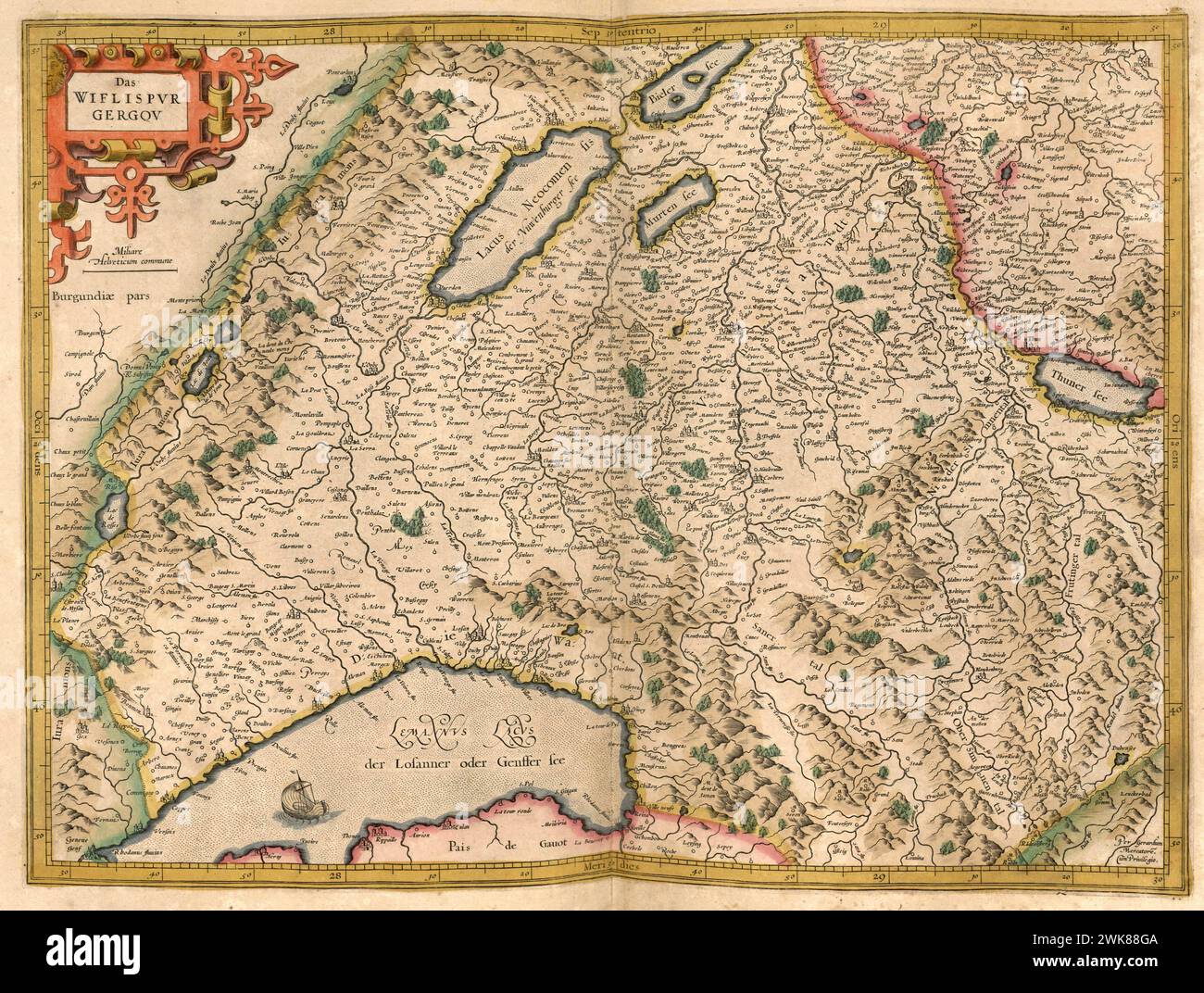 Atlas, map from 1623, Canton Waardt, Switzerland, digitally restored ...