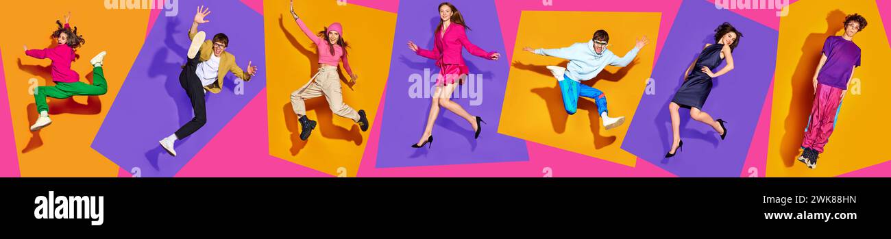 Banner. Collage made of portraits of artistic people in mid air in ...