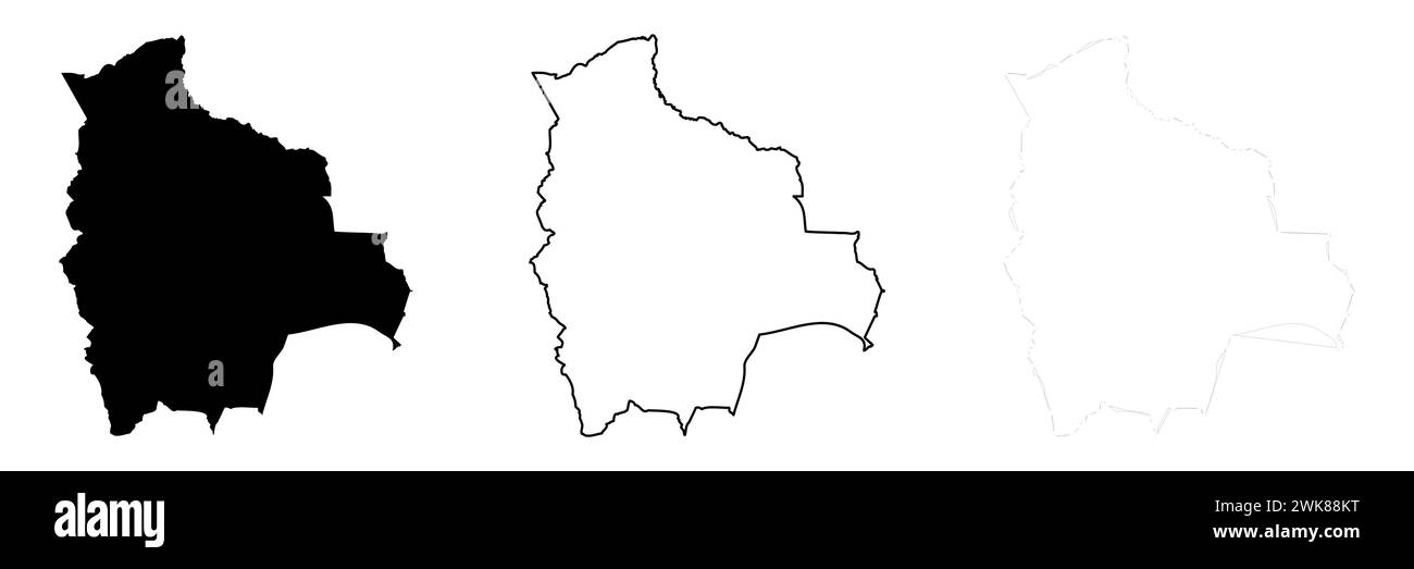 Bolivia country silhouette. Set of 3 high detailed maps. Solid black silhouette, thick black ...