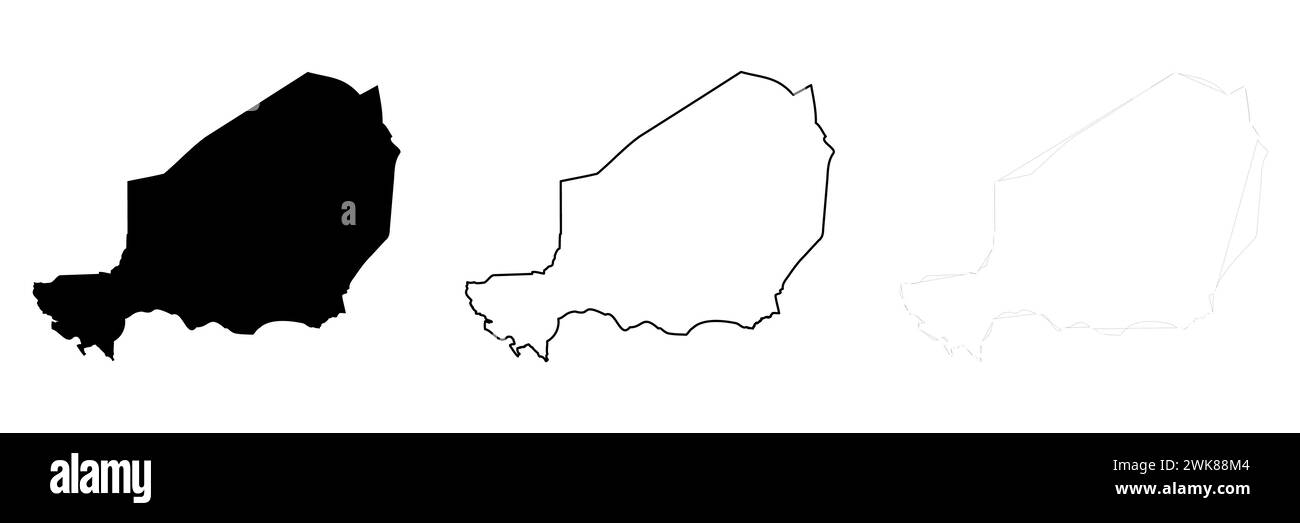 Niger country silhouette. Set of 3 high detailed maps. Solid black ...