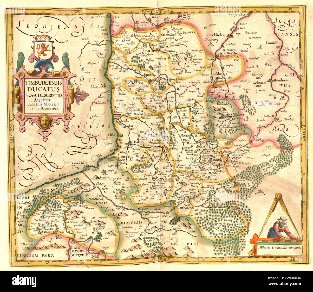 Atlas, map from 1623, Limburg, Belgium, digitally restored reproduction ...