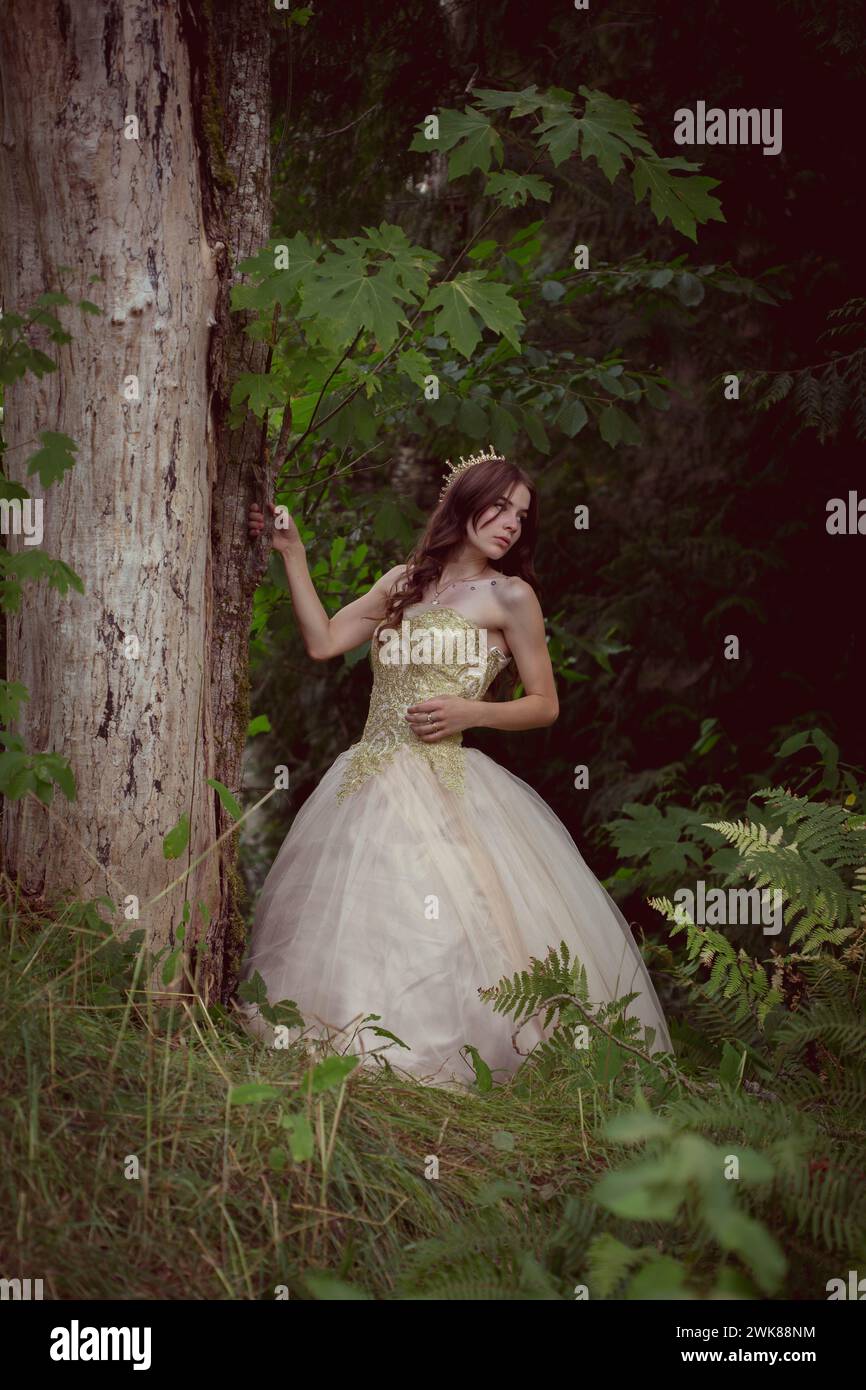 Beautiful Princess in Gown Waiting in Forest Stock Photo - Alamy