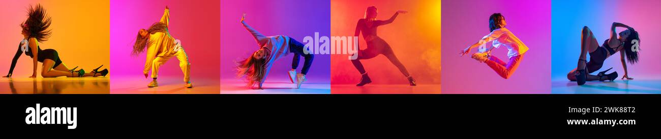 Collage. female dancers dancing in different dance-styles against ...