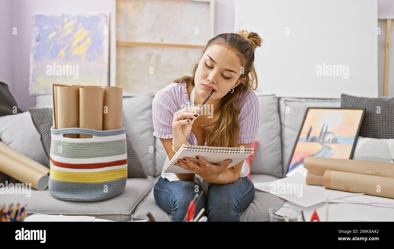 Attractive, young hispanic artist woman, lost in thought, intently ...