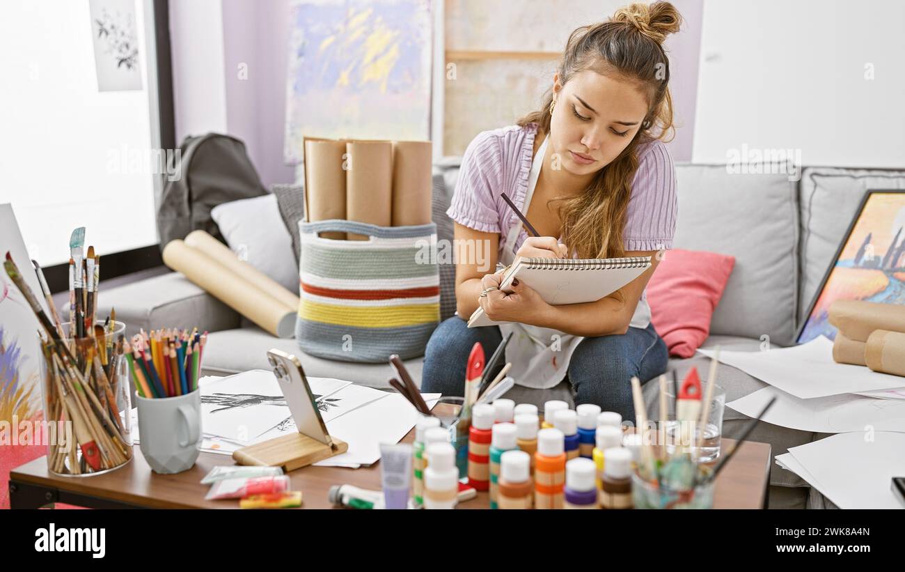 Doubting her next stroke, a beautiful young hispanic woman artist sits ...