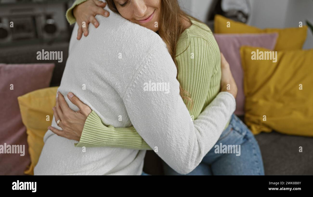 A loving woman embracing a man in a cozy living room, with colorful ...