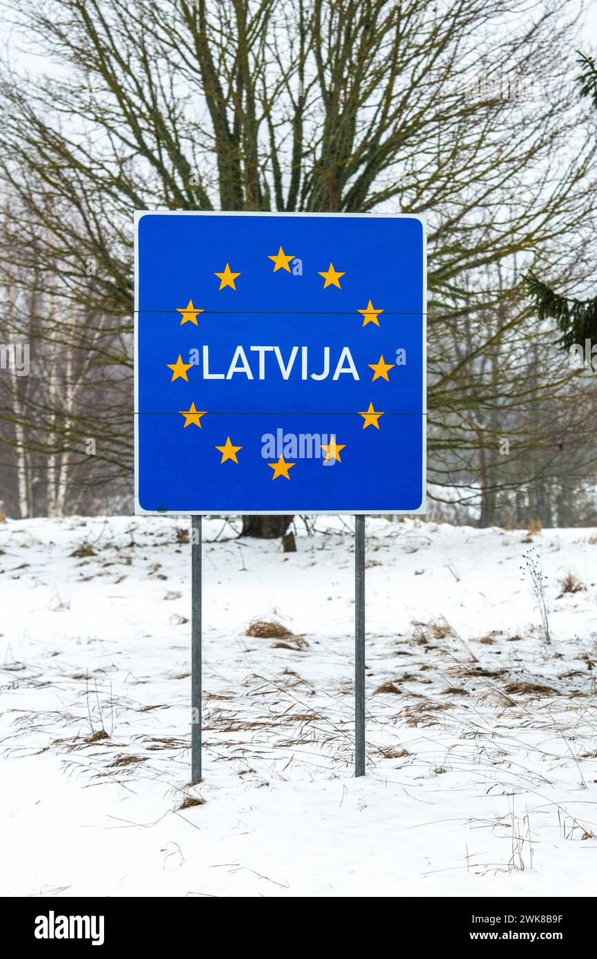 European Union border sign marking entry into Latvia, with the word ...