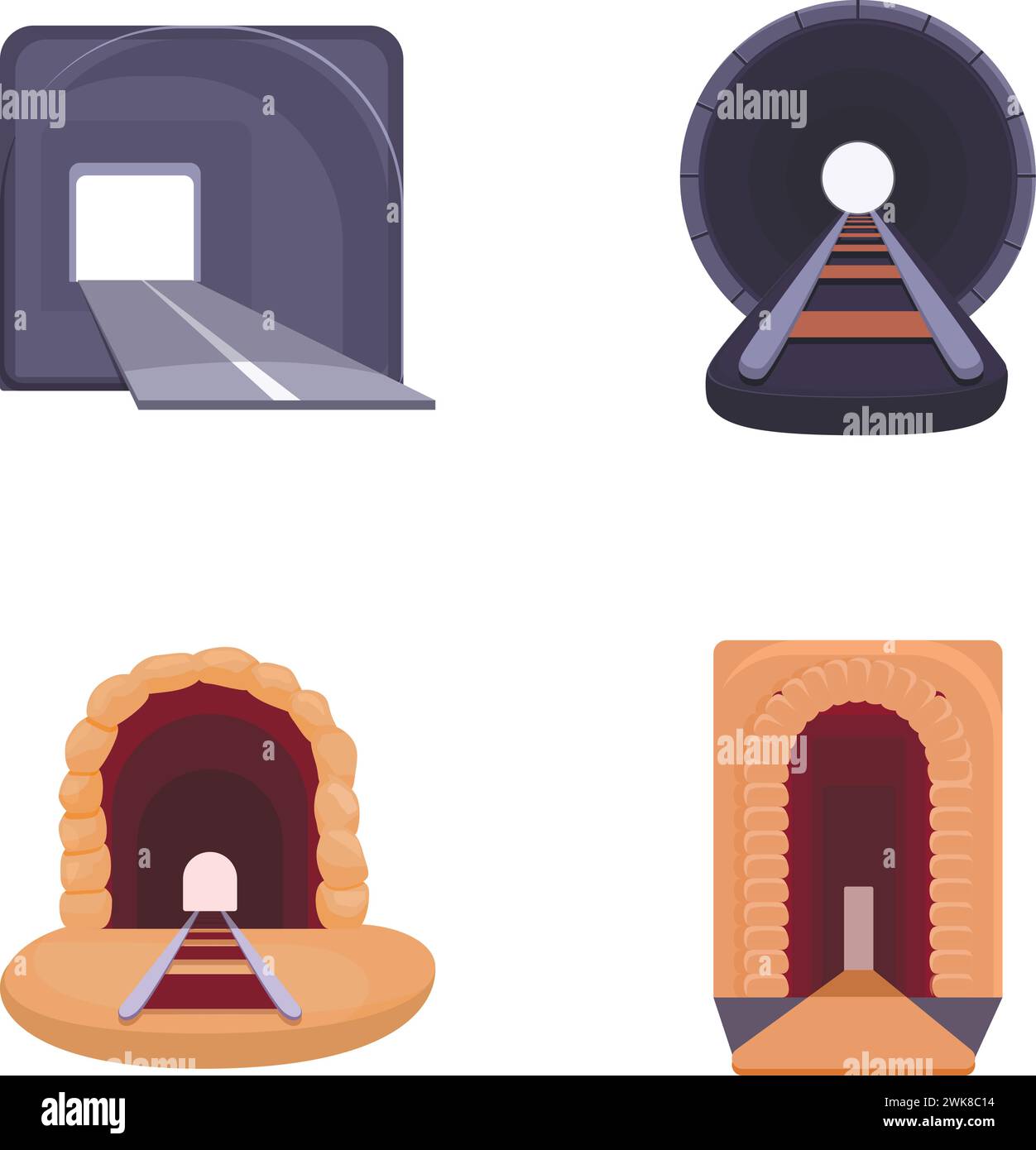 Tunnel icons set cartoon vector. Interior of walkway tunnel road ...