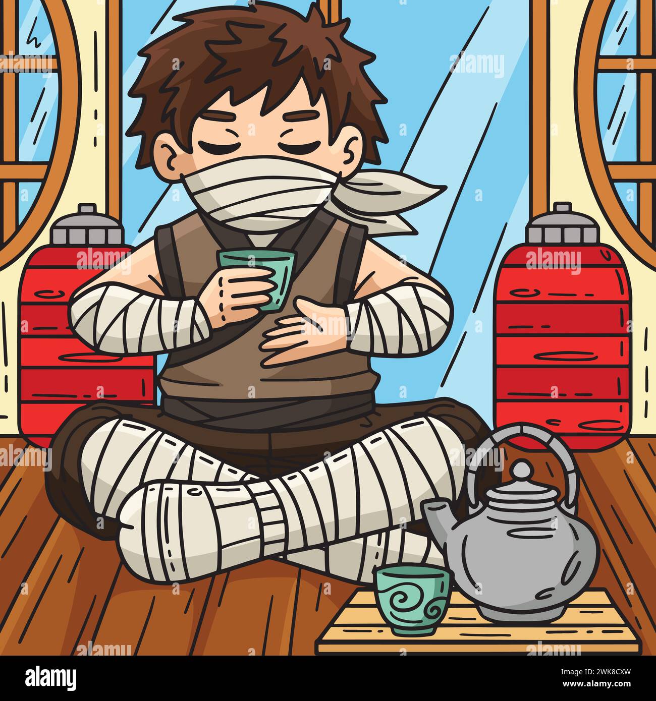 Ninja Drinking Tea Colored Cartoon Illustration Stock Vector Image ...