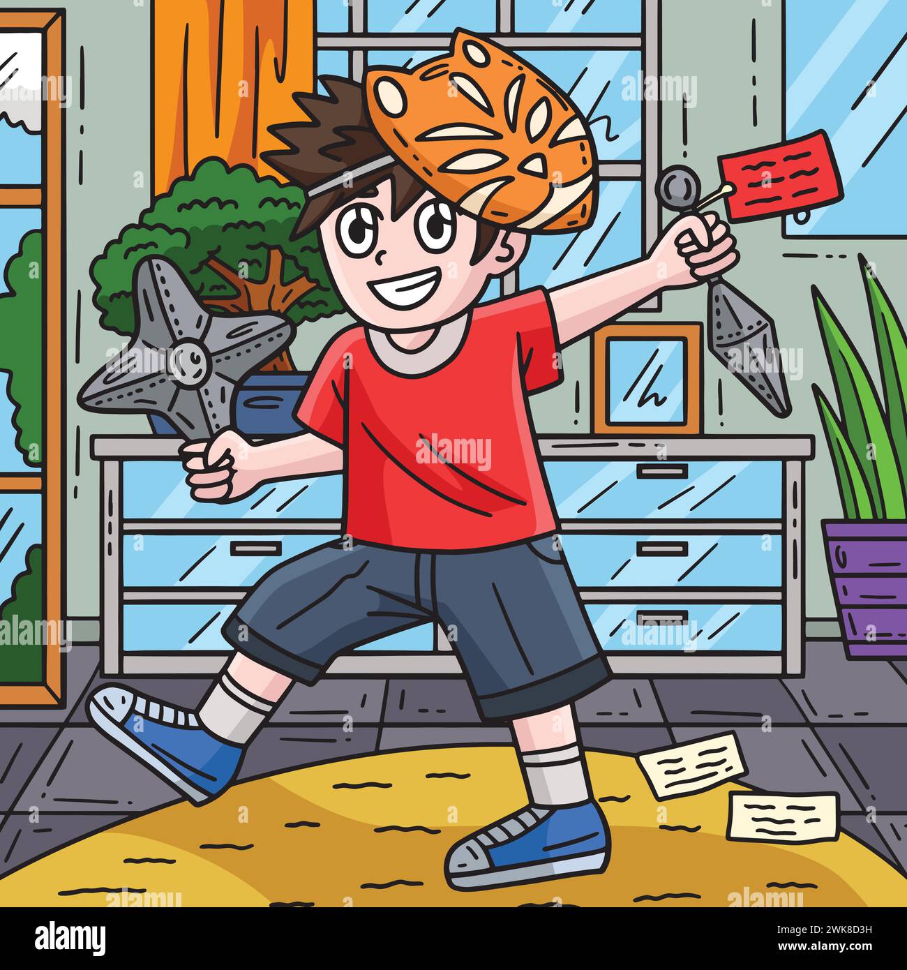 Ninja Child with Kunai Shuriken Toys Colored Stock Vector Image & Art ...