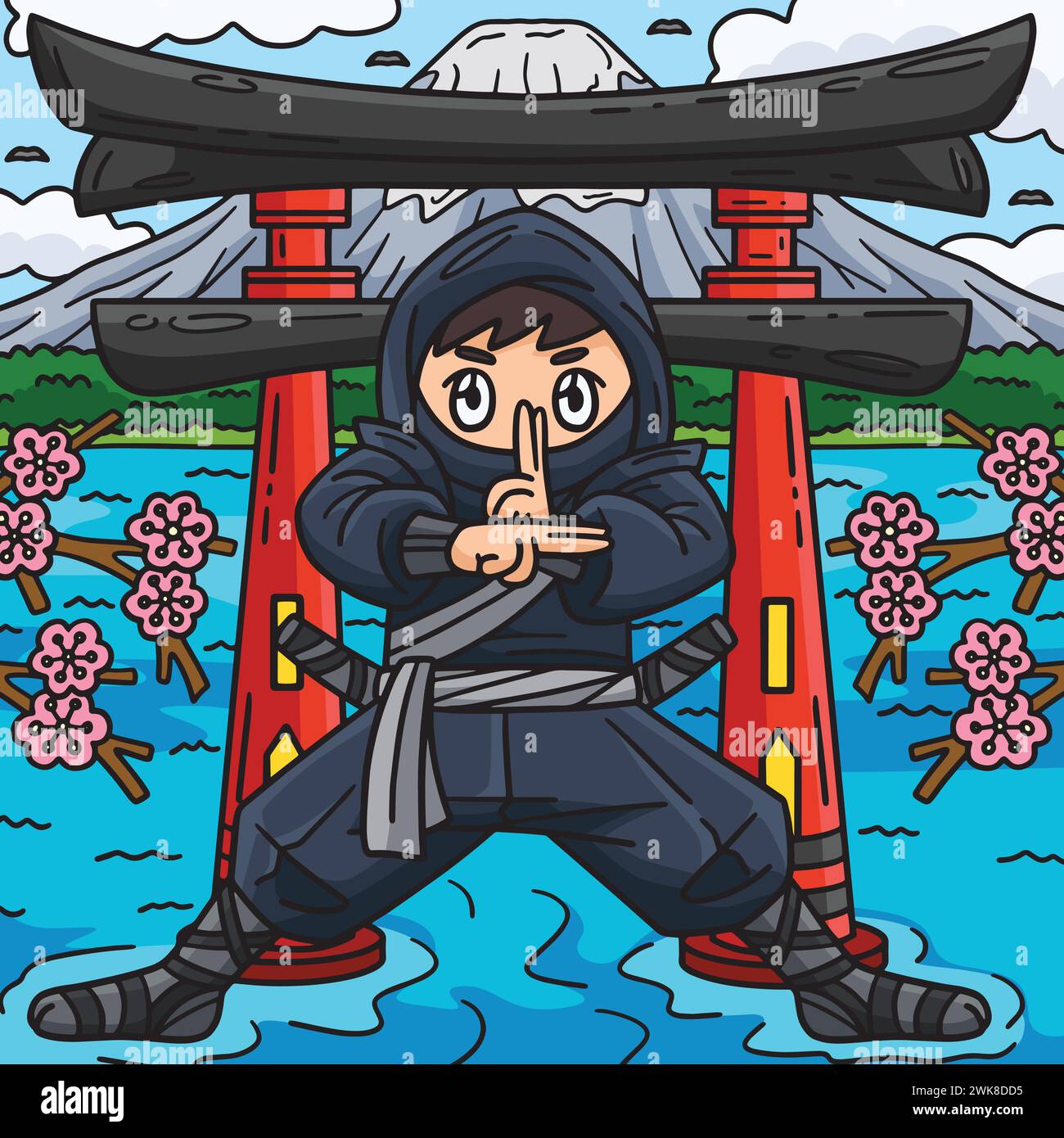 Ninja Standing in Front of a Torii Colored Cartoon Stock Vector Image ...