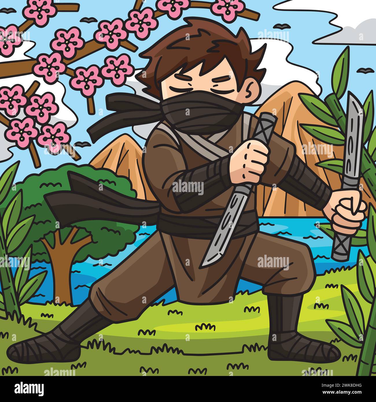 Ninja with Ninjato Colored Cartoon Illustration Stock Vector Image ...