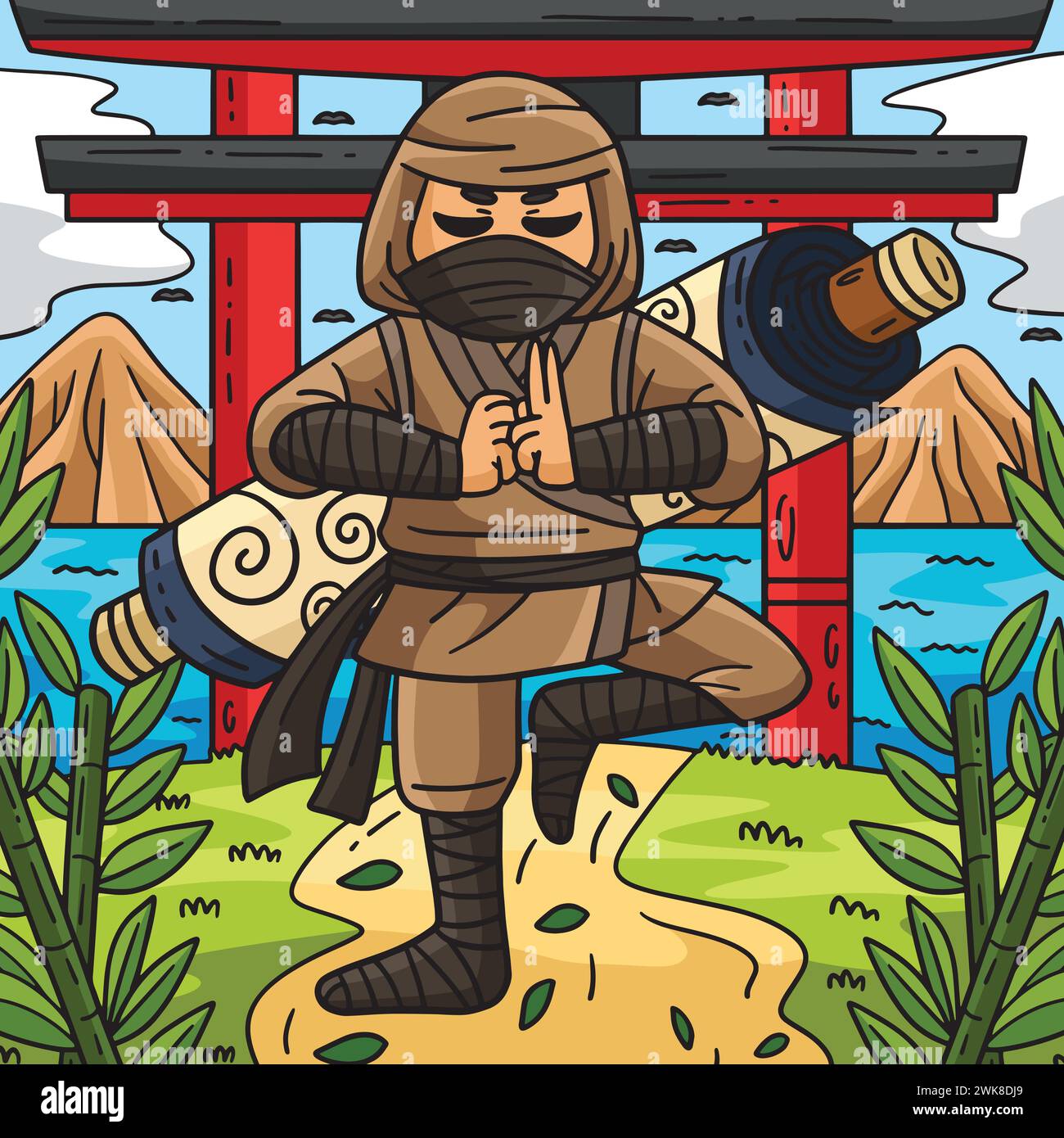 Ninja with a Scroll on Back Colored Cartoon Stock Vector Image & Art ...