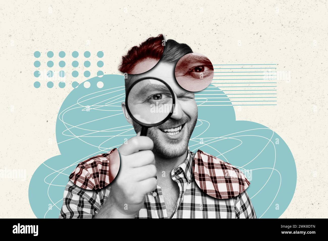 Creative collage photo image young smiling man holding magnifying loop ...