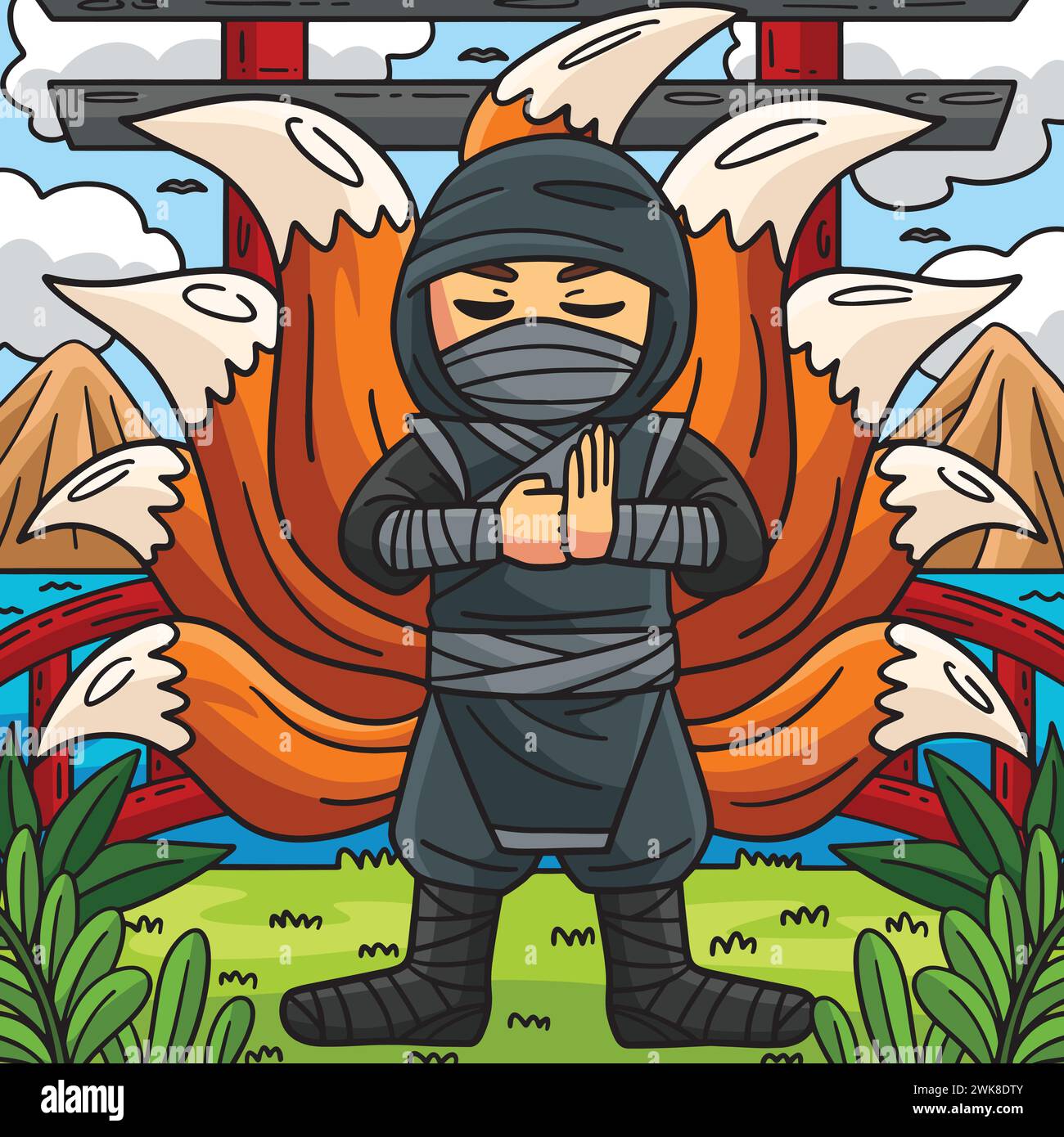 Ninja with Nine Tails Colored Cartoon Illustration Stock Vector Image ...