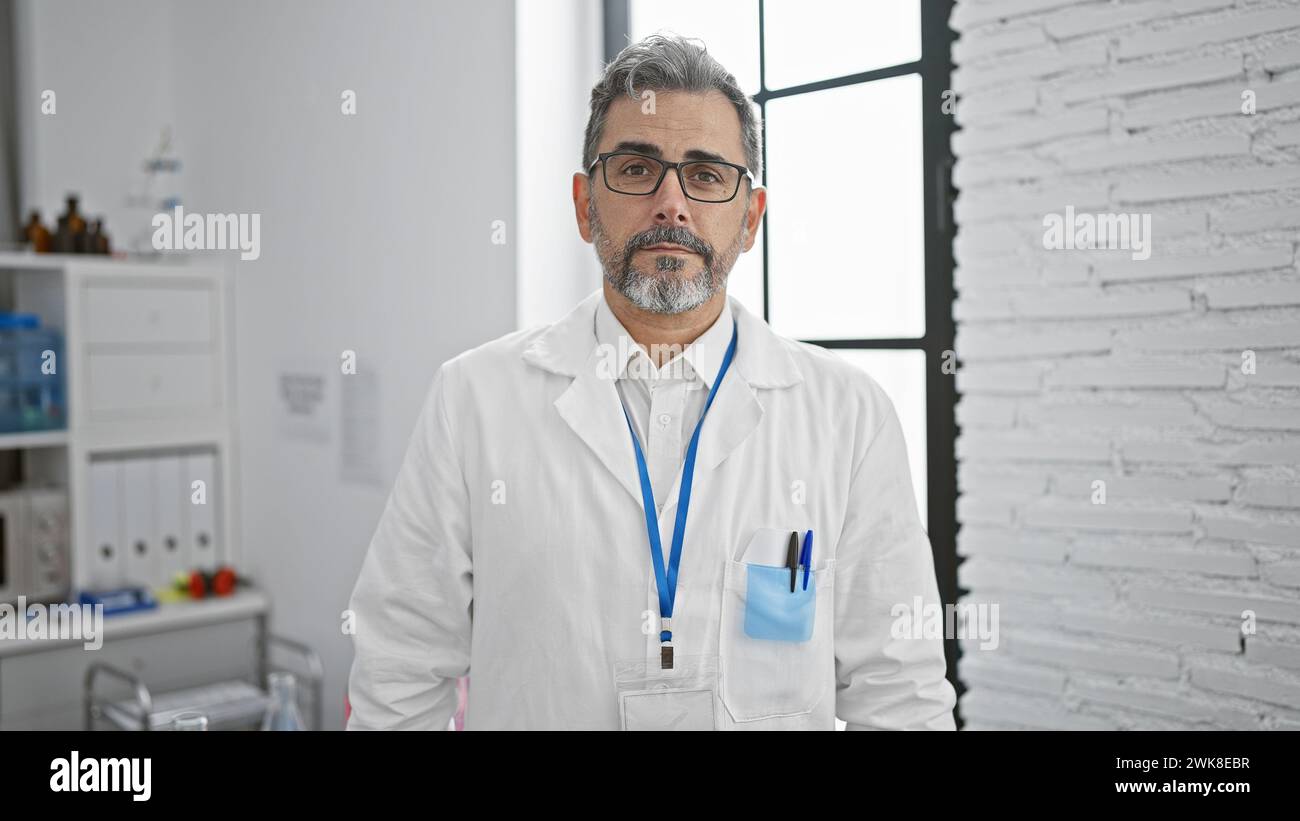 Handsome, grey-haired young hispanic male scientist seriously focused ...