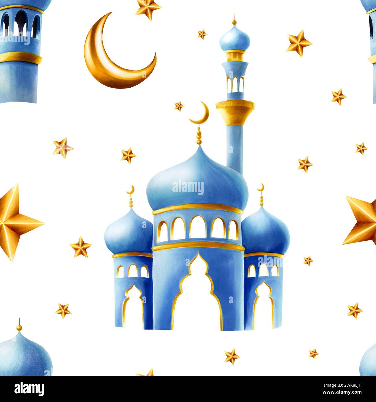Watercolor seamless pattern with Islamic arabian mosque and minaret ...
