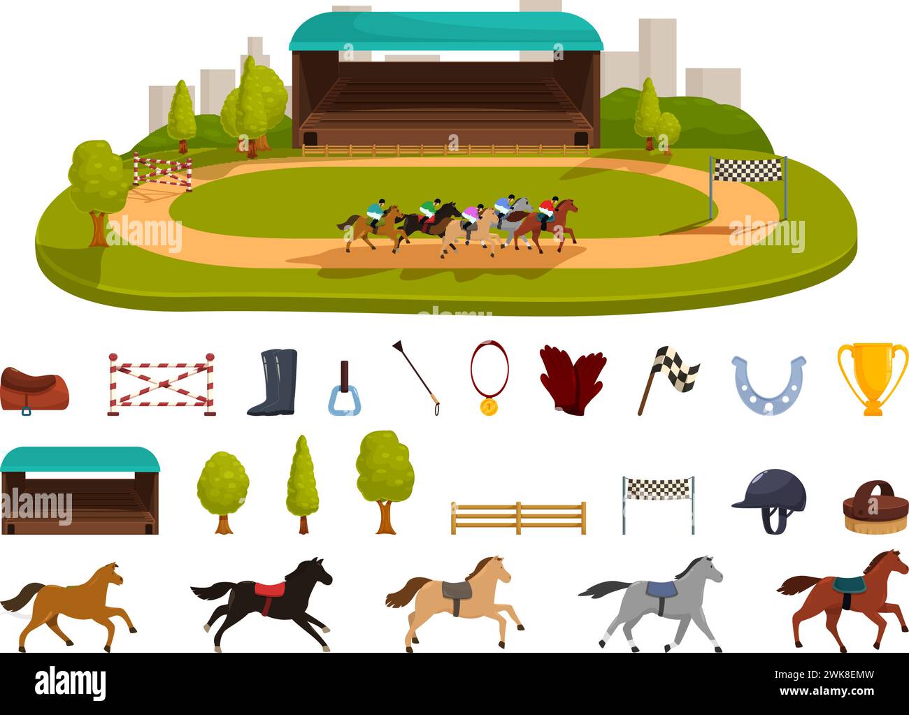 Hippodrome icons set cartoon vector. Horse track game. Clothing ...