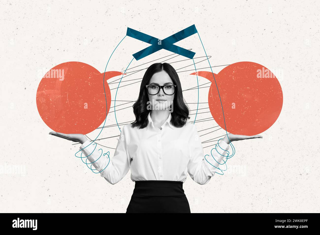 Horizontal caricature photo collage of young woman in formalwear ...