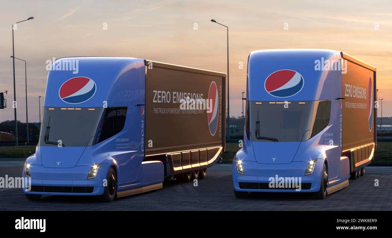 Szczecin,Poland-February 2024:The fleet of Tesla Semi truck that Pepsi ...
