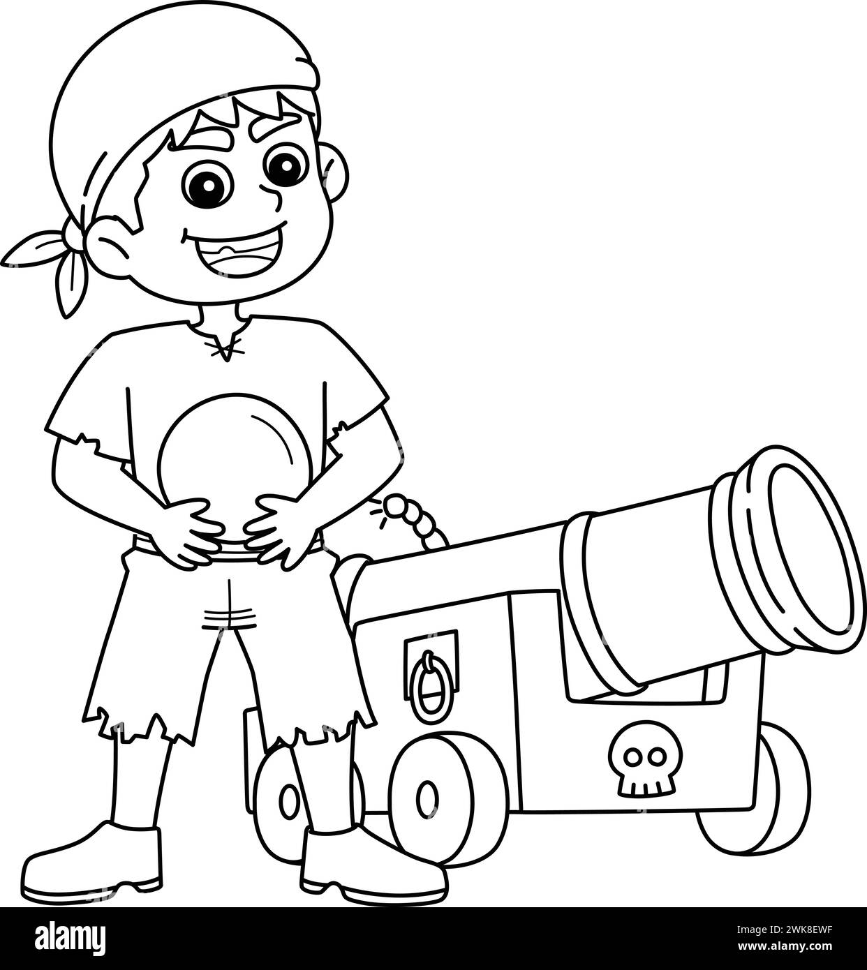 Pirate with Canon Isolated Coloring Page for Kids Stock Vector Image ...