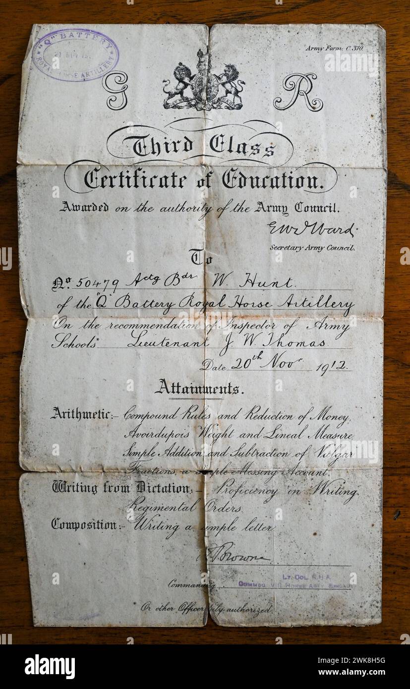 Copy of World War One soldier Walter Hunt Third Class certificate of ...