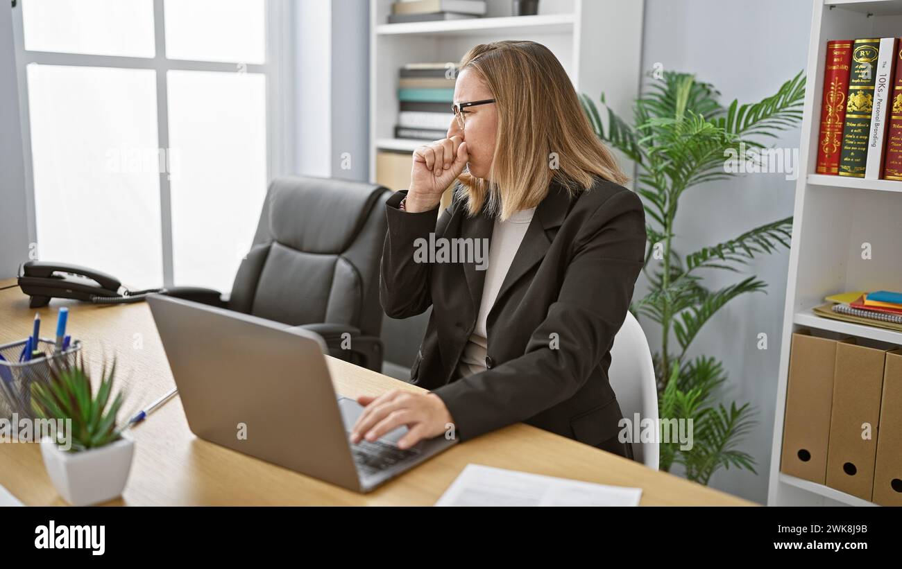 Gorgeous young blonde business woman, elegant worker, coughing due to ...
