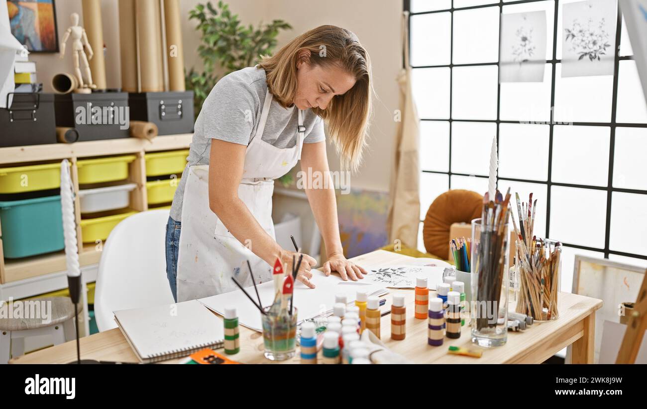 Attractive young blonde woman artist, focused face busy drawing in ...