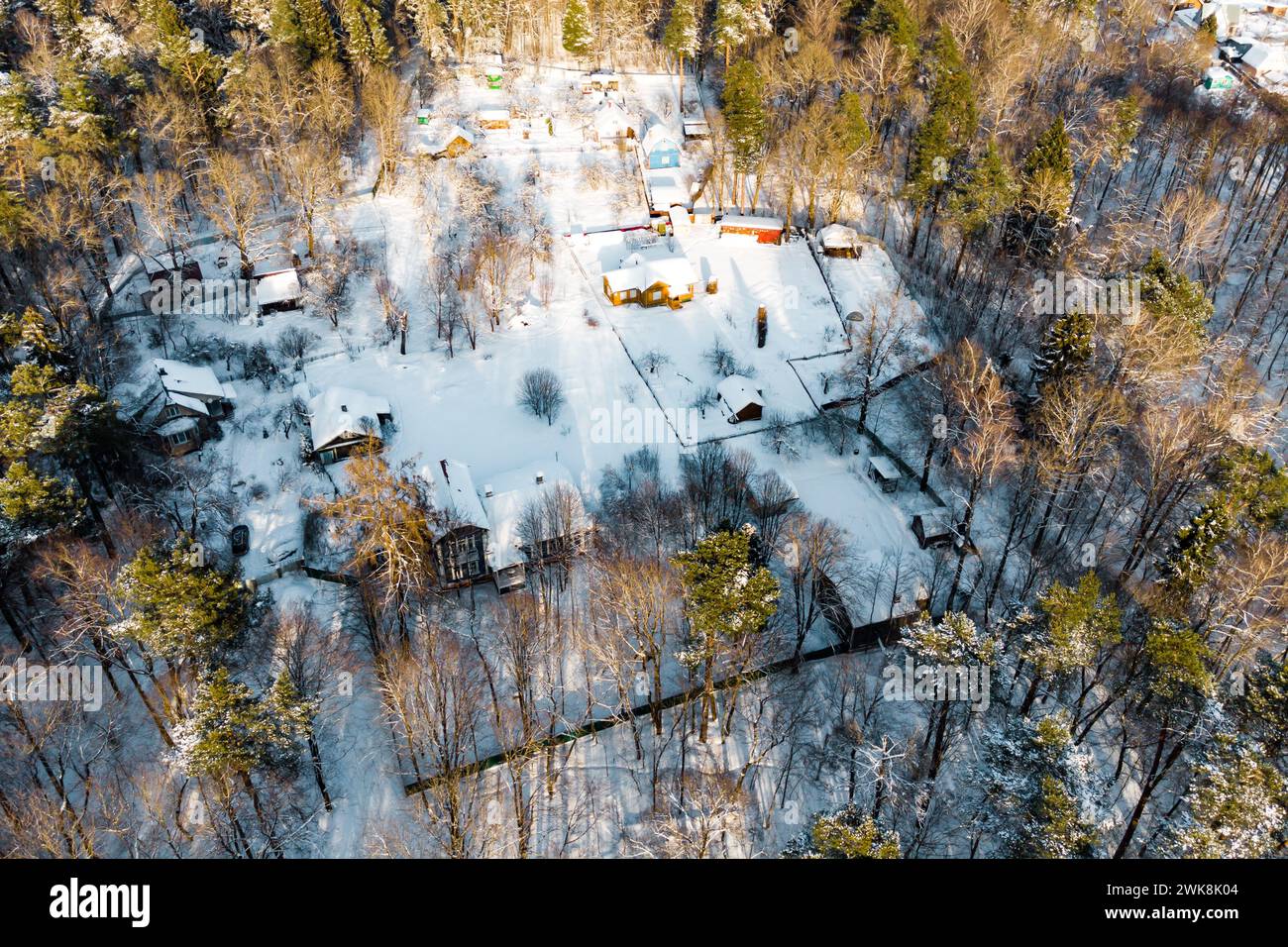 Aerial view of snow-covered dacha development surrounded by forest ...