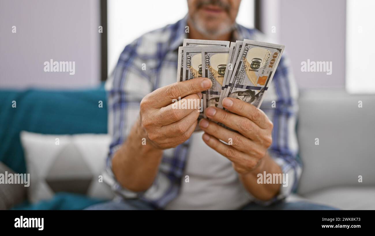 Cheerful middle age man with grey hair joyfully counting dollars ...