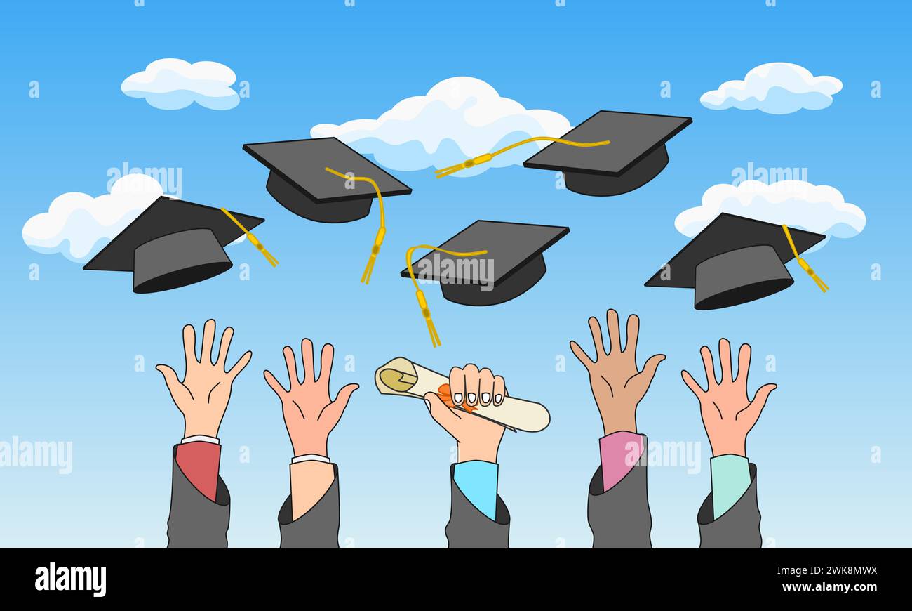 Student hands throwing graduation hats in the air with blue sky and ...