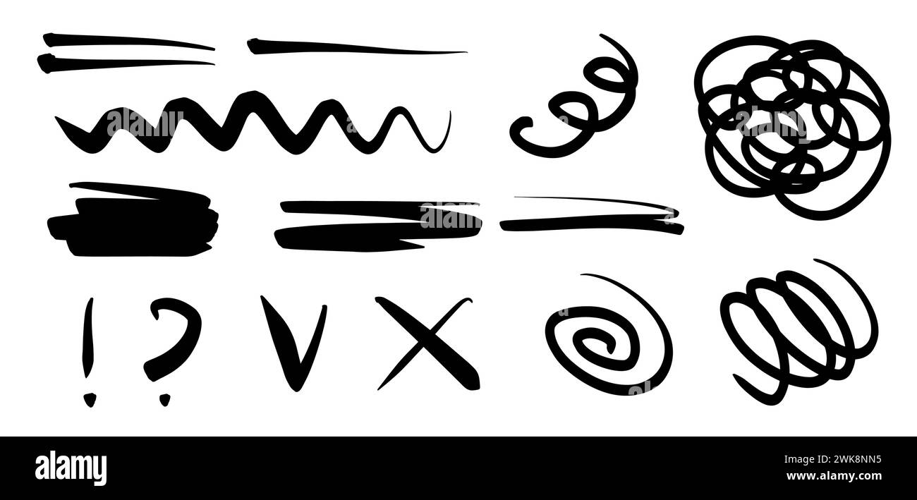 Hand Drawn Black Marker lines and squiggle set. Vector Wavy line, Check ...