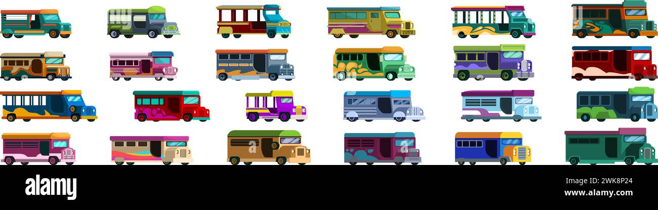 Jeepney icons set cartoon vector. Travel summer tourism. City jeep road ...