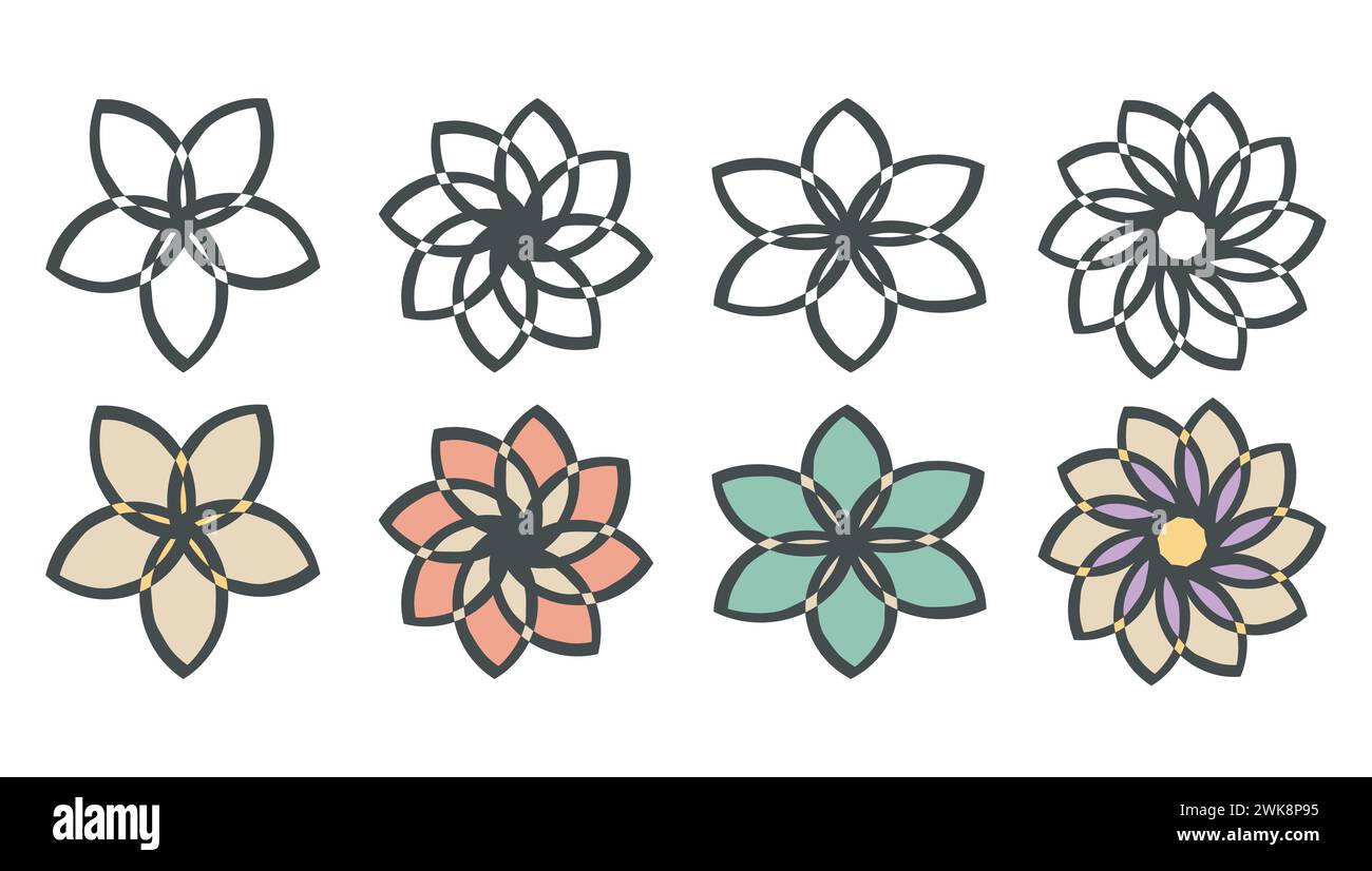 Flower icons set, boho style Logo, black bold line stroke, doodle ...