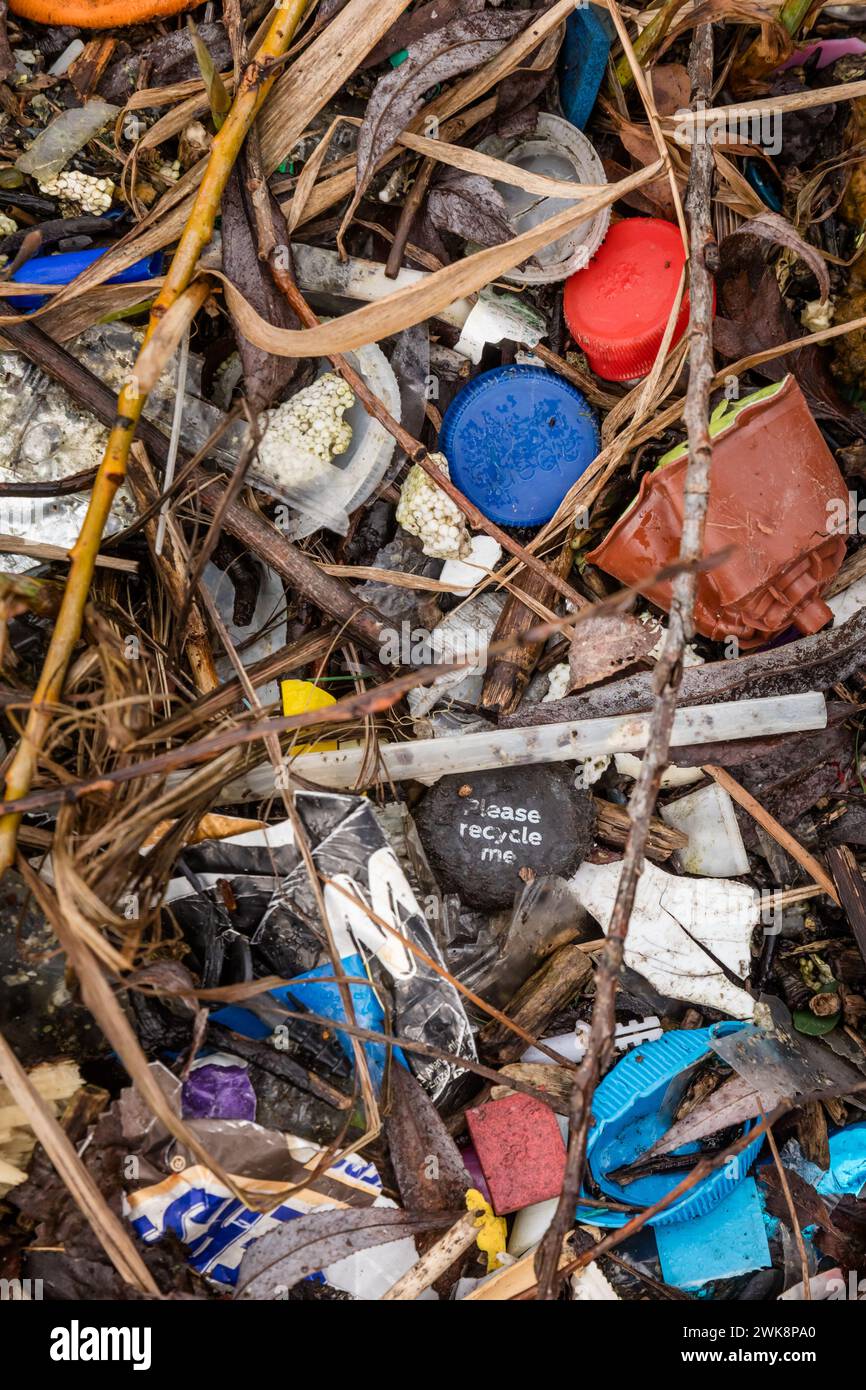 Litter washed up on the banks of a reservoir, including plastic lids ...