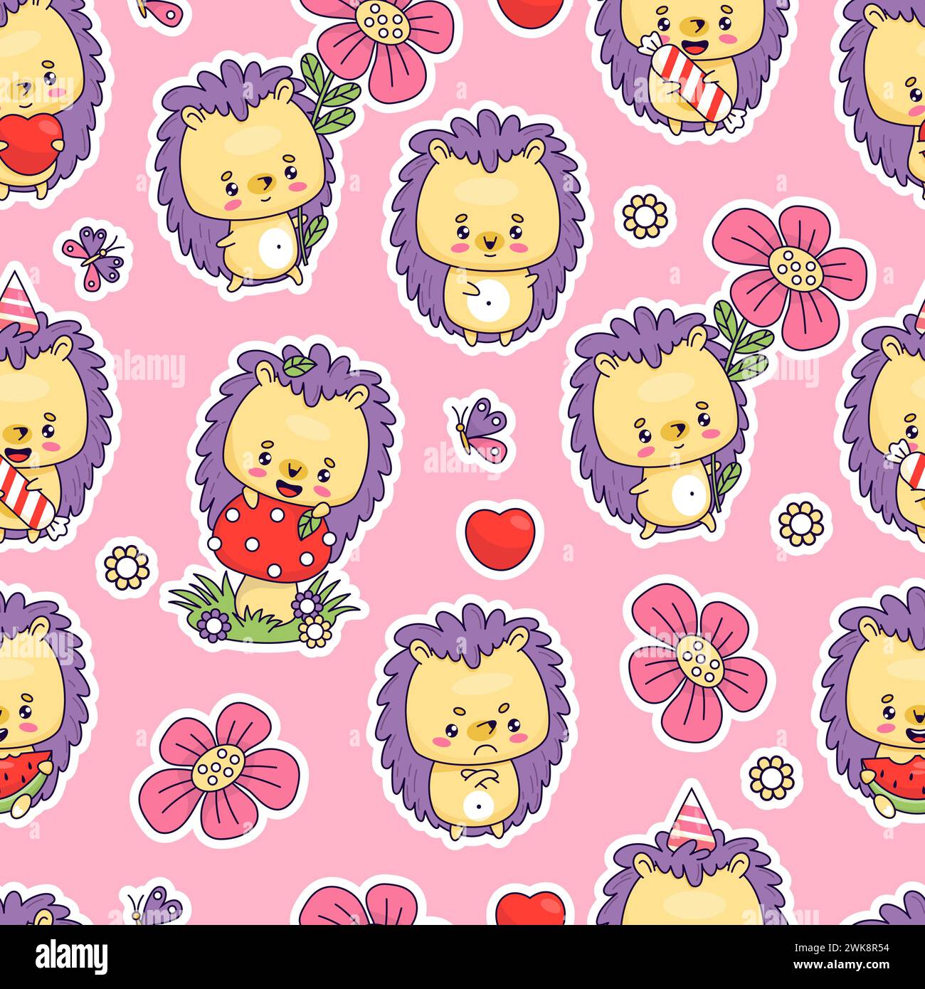 Seamless pattern with cute hedgehogs with fly agaric mushroom ...