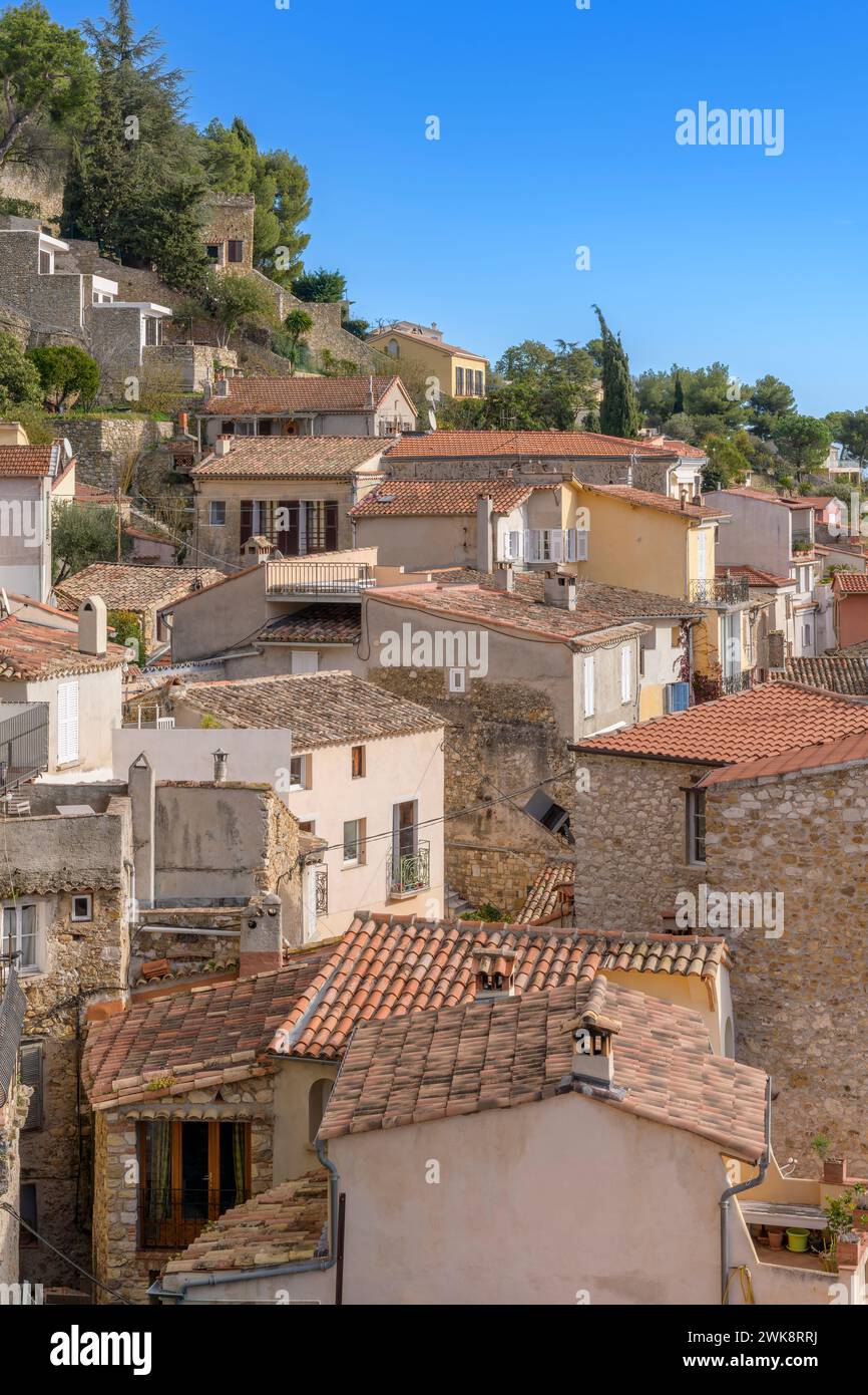 Looking down onto the rooftops of the pretty town of Roquebrune-cap ...