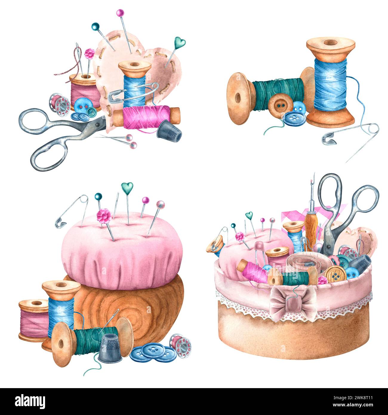 A set of items for sewing and handicrafts. Threads, box with bow ...