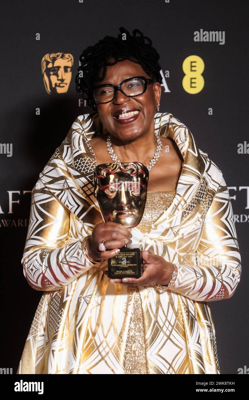 June Givanni poses backstage at the 2024 EE BAFTA Film Awards on Sunday ...