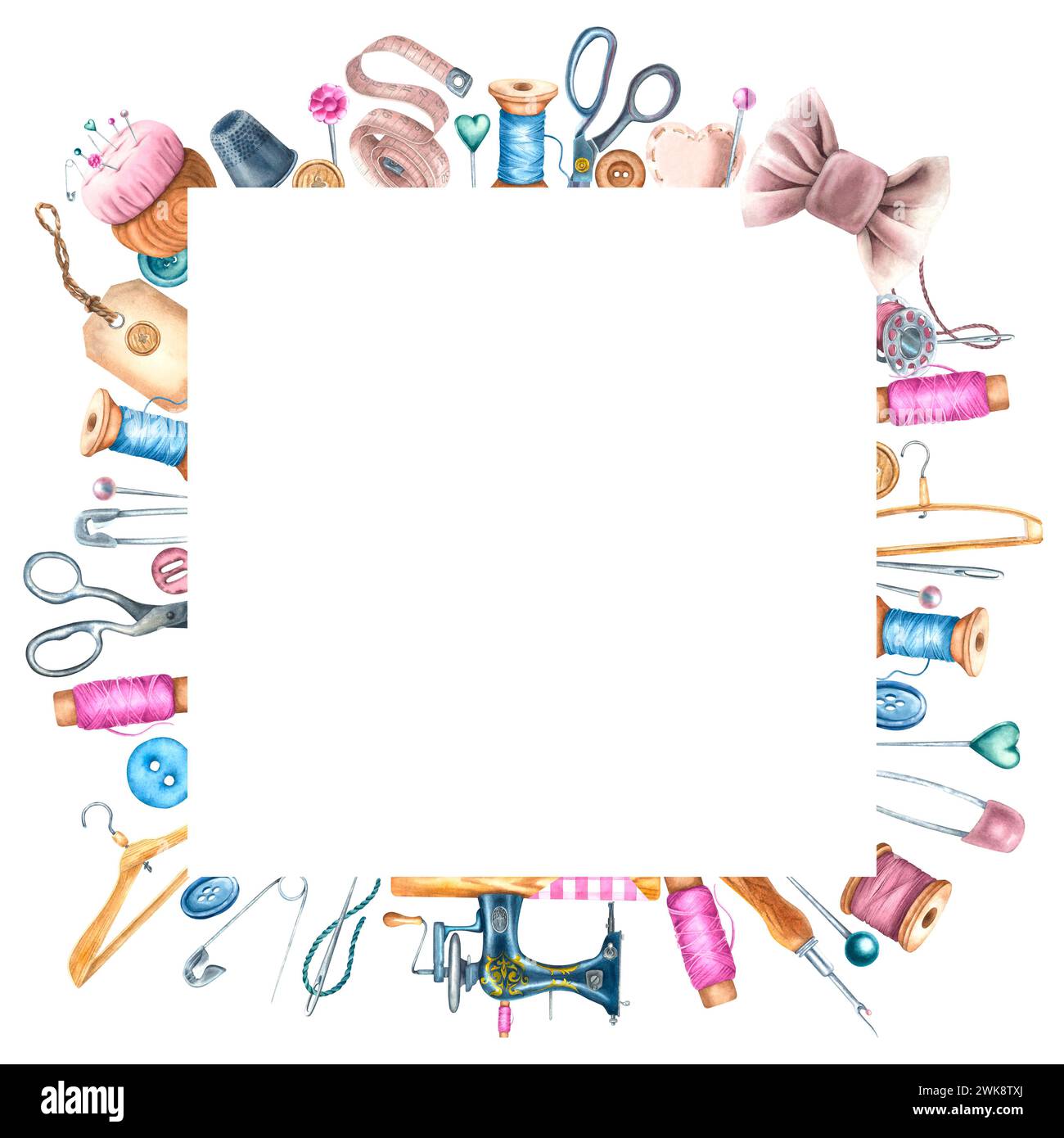 Square frame with scissors, buttons, sewing machine. Hand drawn ...