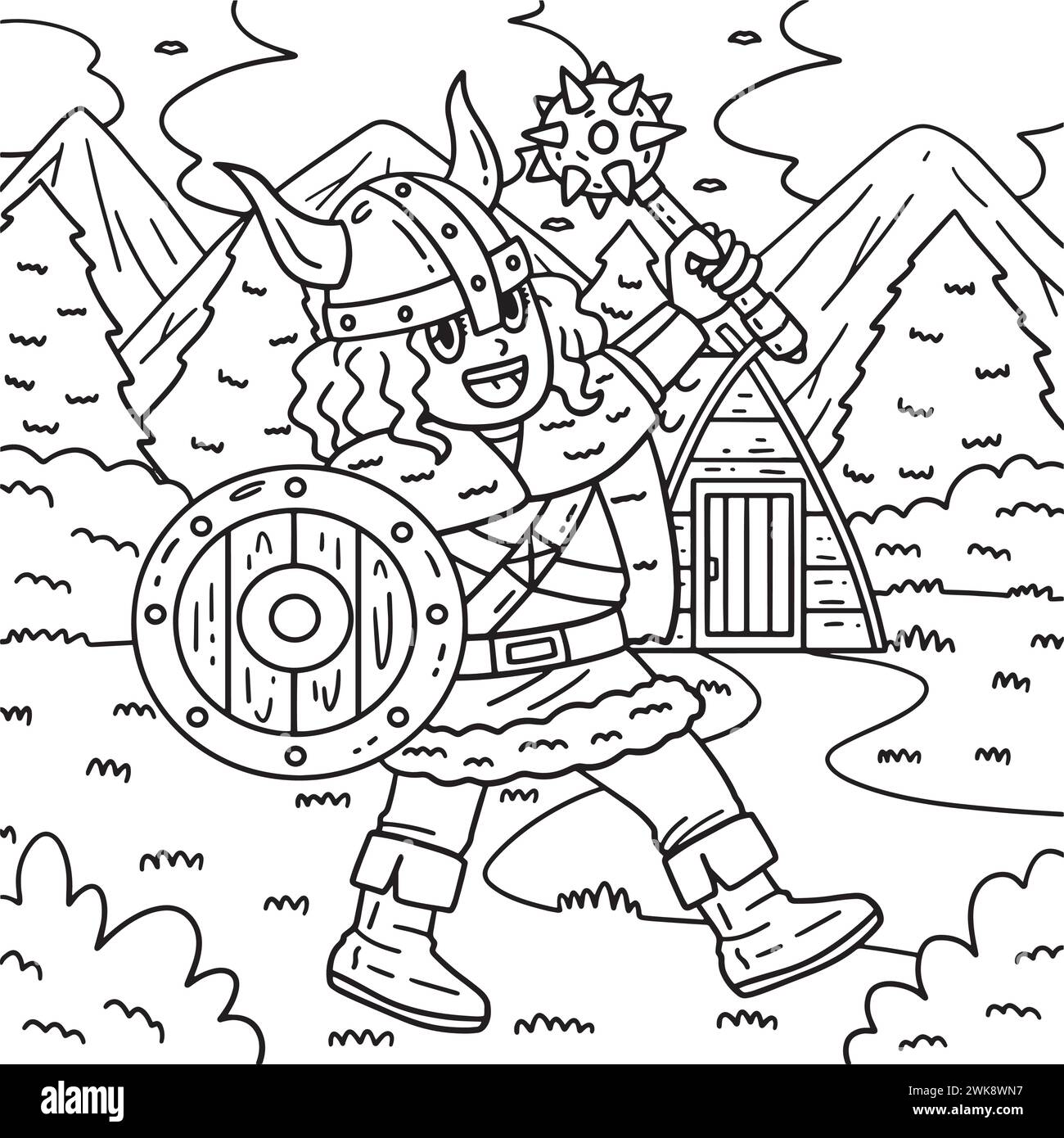 Viking with Mace and Shield Coloring Page for Kids Stock Vector Image ...