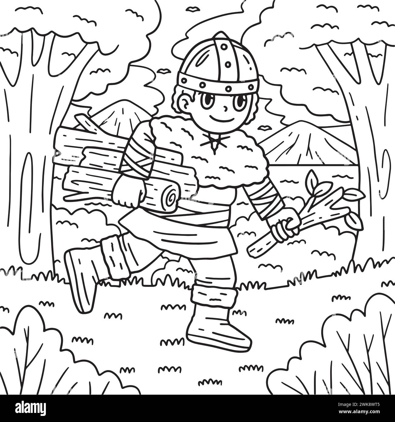 Viking Child Gathering Logs Coloring Page for Kids Stock Vector Image ...
