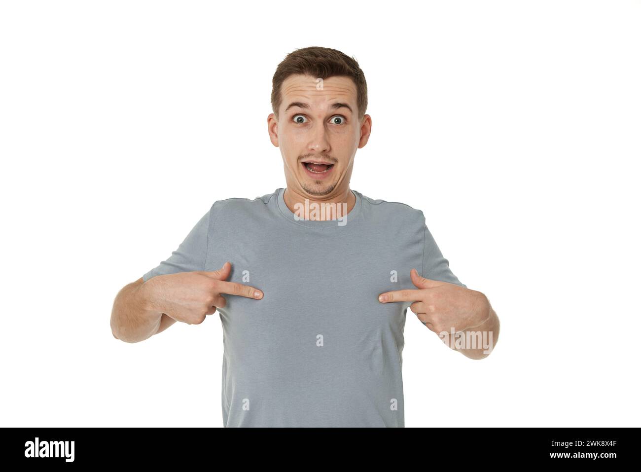 happy guy looking pointing at himself on white studio background Stock ...