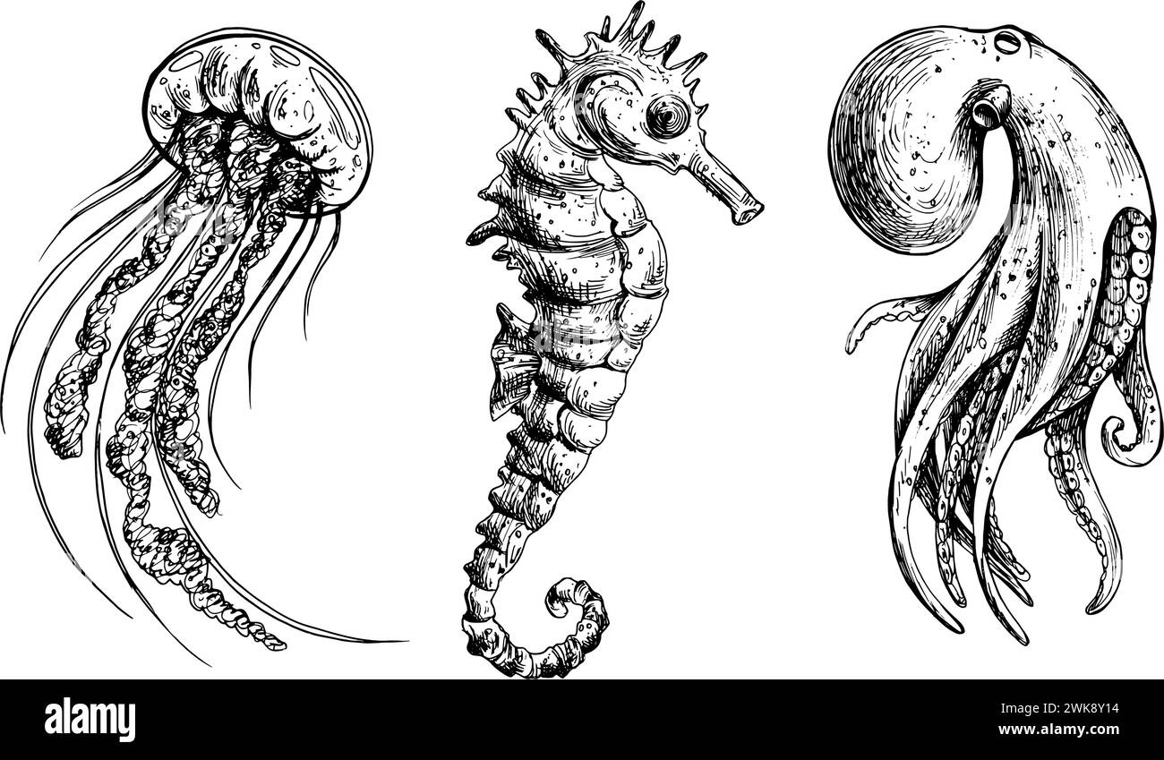 Underwater world clipart with sea animals octopus, seahorse, jellyfish ...