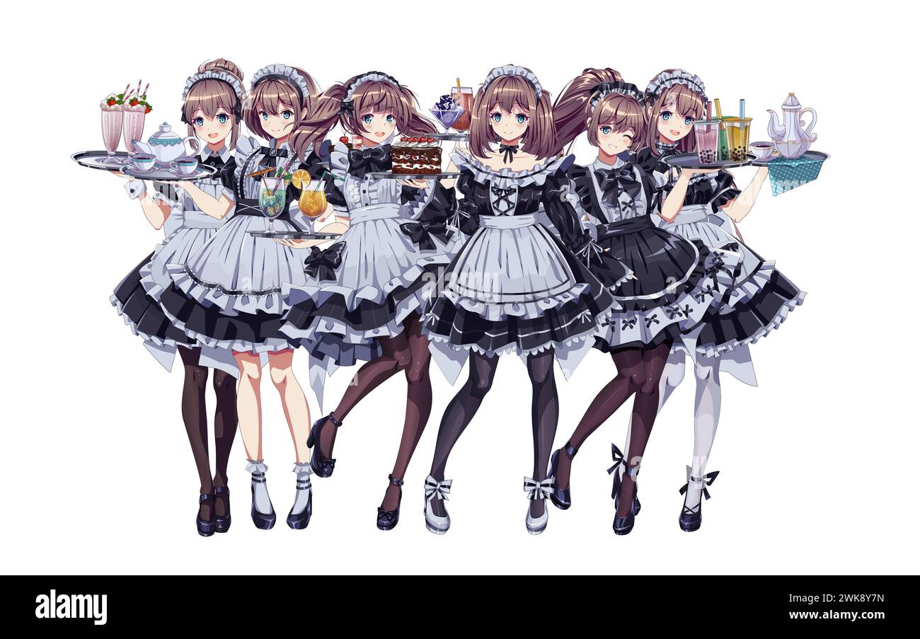 Pretty girls in maid cafe costumes color vector characters set. Cute ...