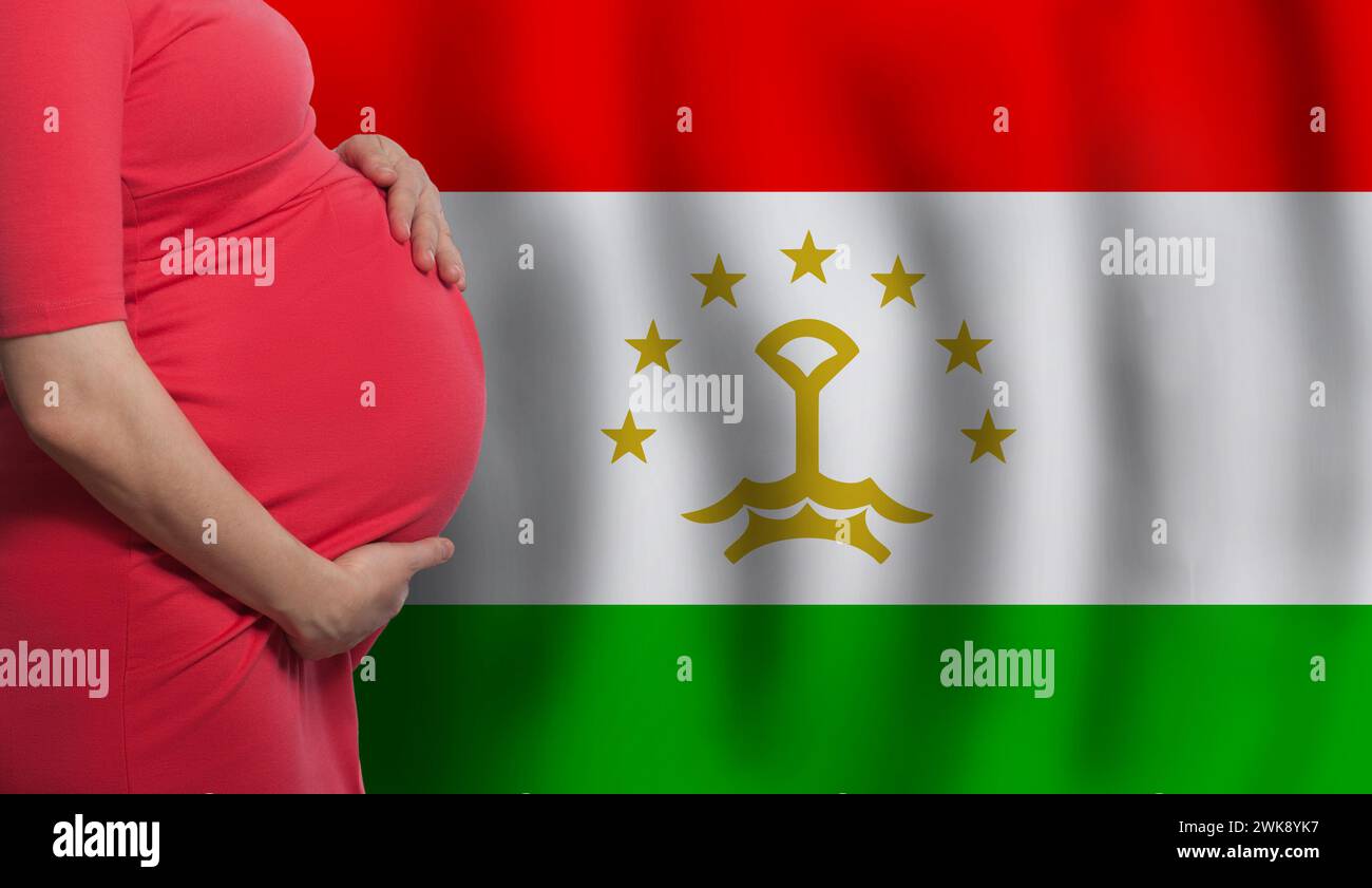 Tajikistani pregnant woman belly on flag of Tajikistan background Stock ...