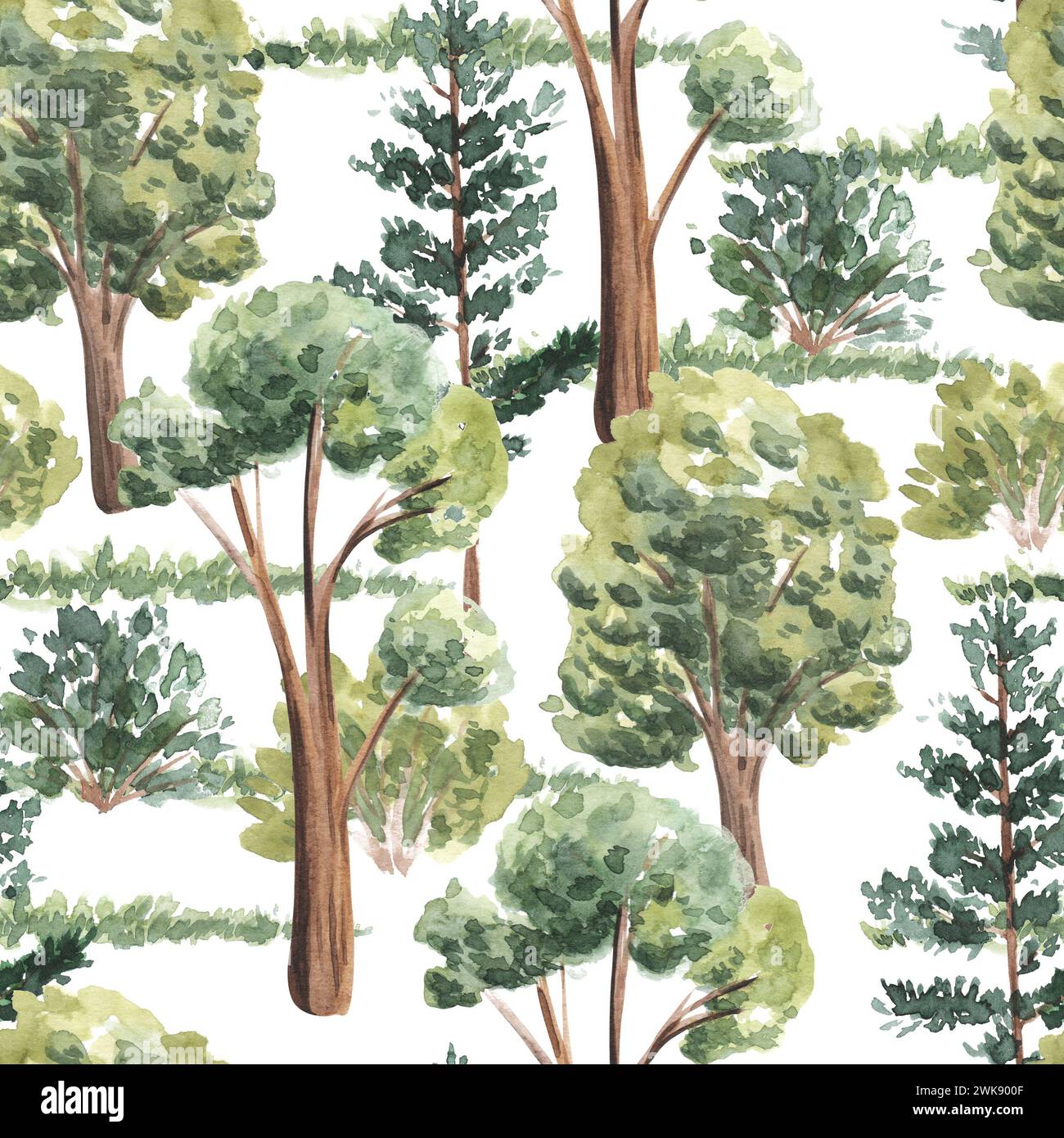 seamless pattern with watercolor green trees on white background. hand ...