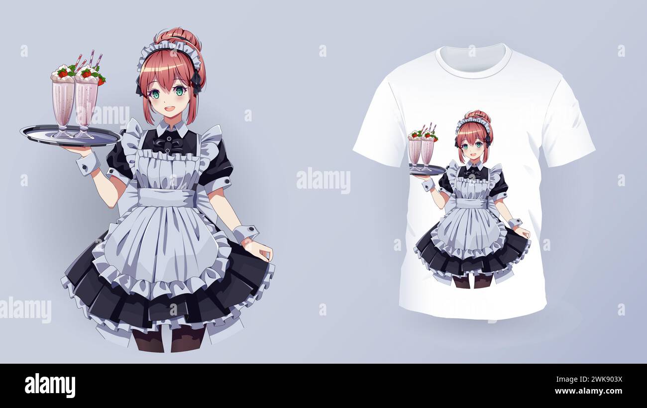 Pretty maid cafe girl and t-shirt print vector template. Kawaii anime ...