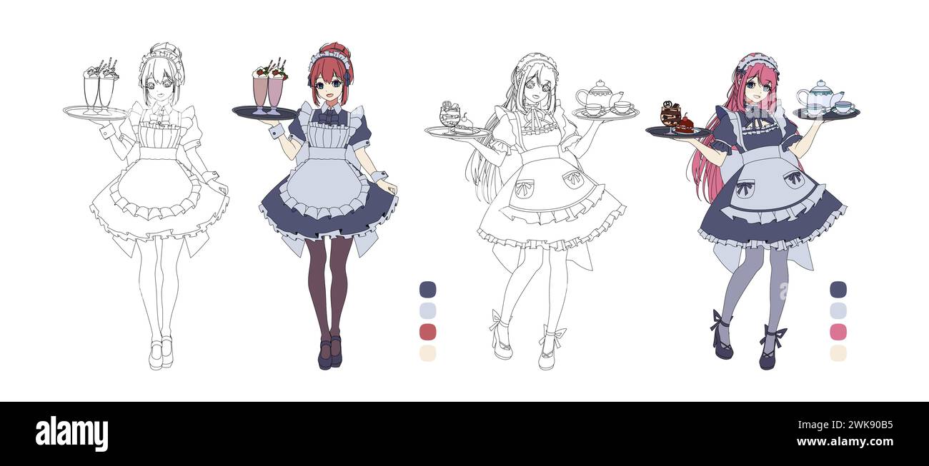 Anime girls working in maid cafe coloring book vector characters ...