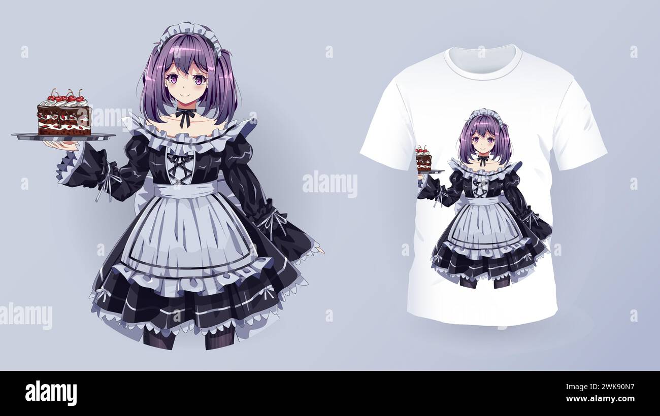 Pretty maid cafe girl and t-shirt print vector template. Kawaii anime ...